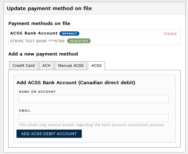 Adding a Canadian Direct Debit (ACSS) bank account