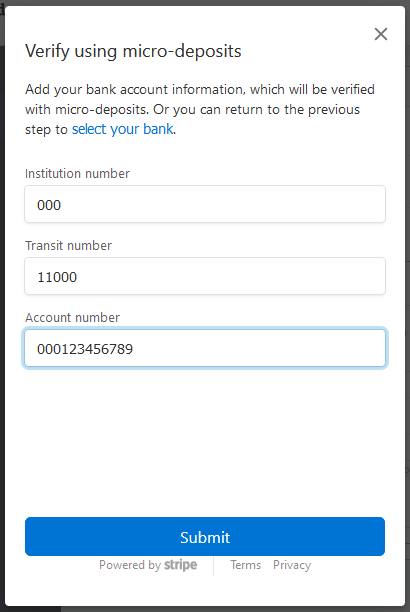 Adding a Canadian Direct Debit (ACSS) bank account
