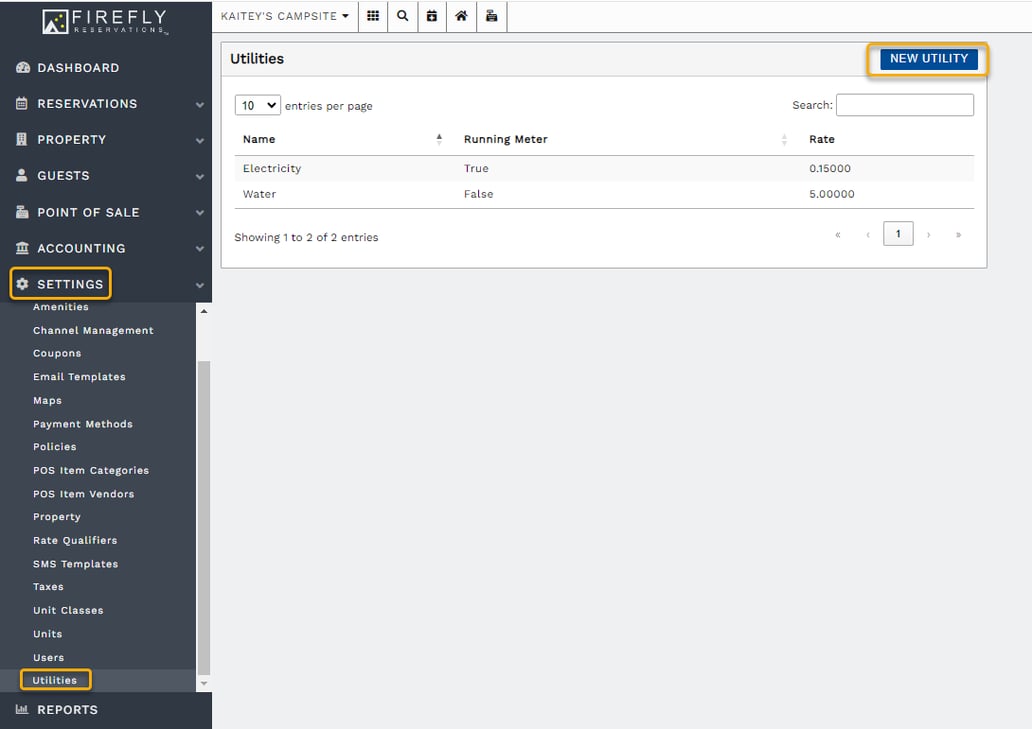 Utility Settings: Setup and Meter Readings